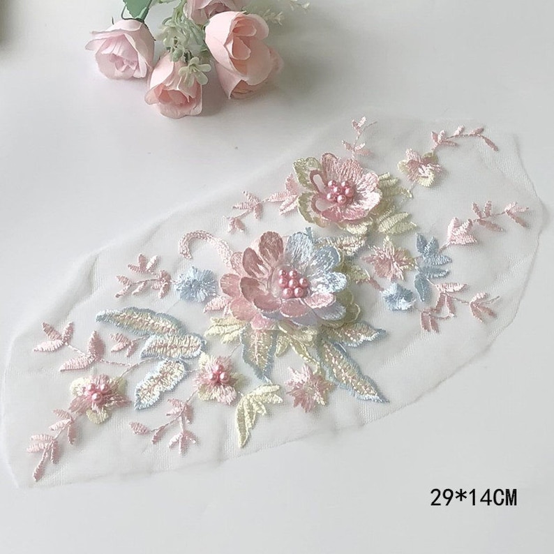 Chic 3D Floral Bodice Lace Applique, Pink + Blue Flowers Patch, Pearls ...
