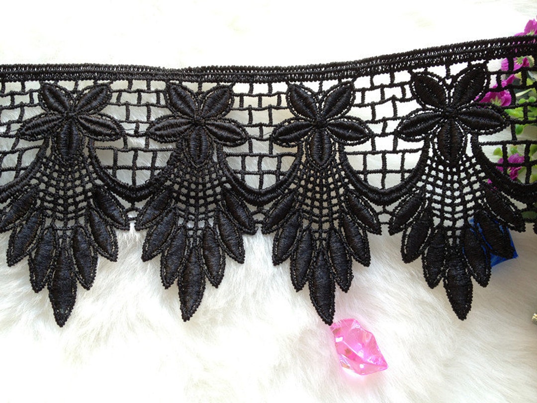 2 Yards Black Lace Trim, Retro Lace, Crocheted Lace Trim, Floral ...