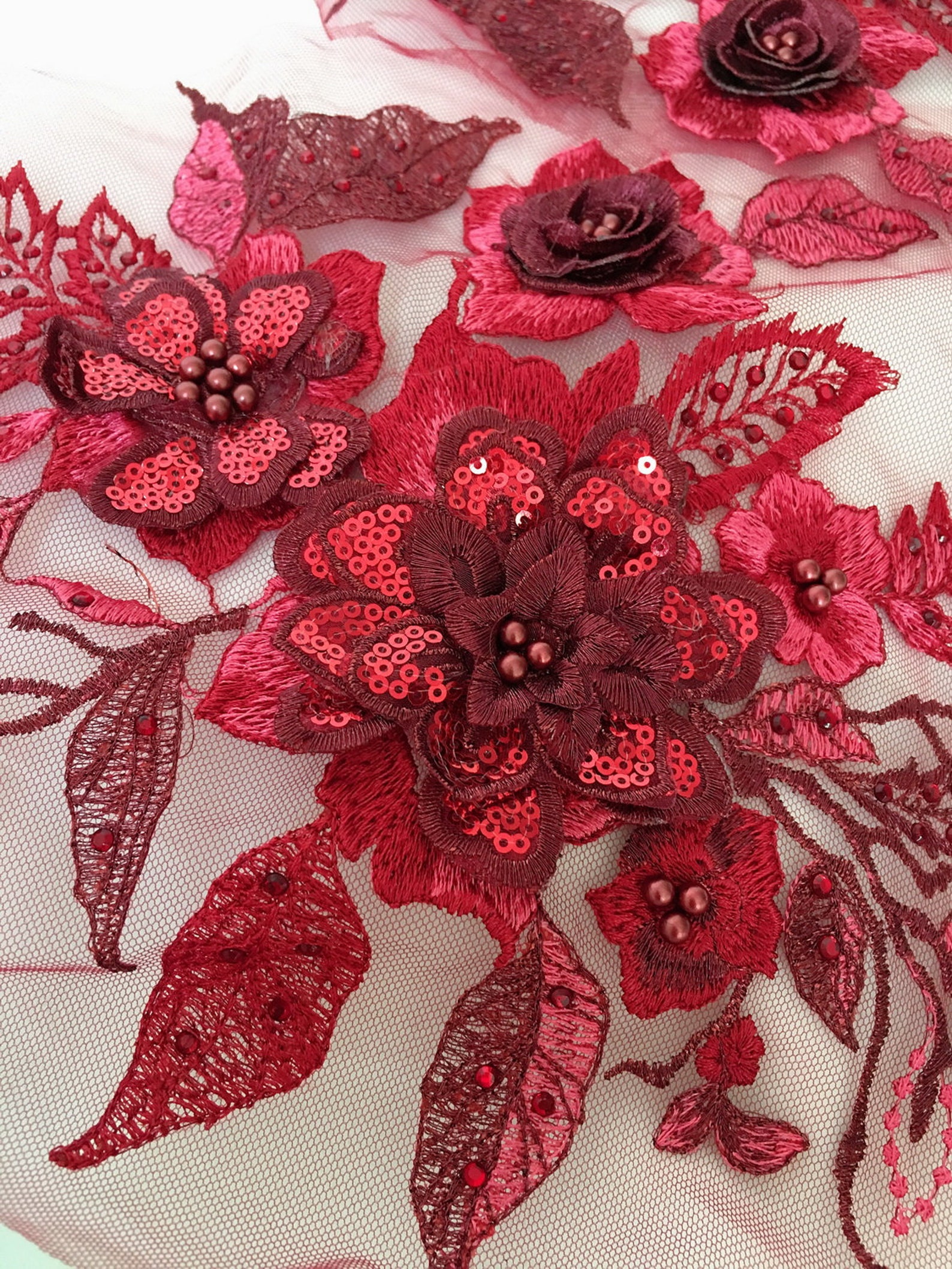 Dark Red Lace, Beaded Lace Applique, Rhinestone and Sequins Applique ...