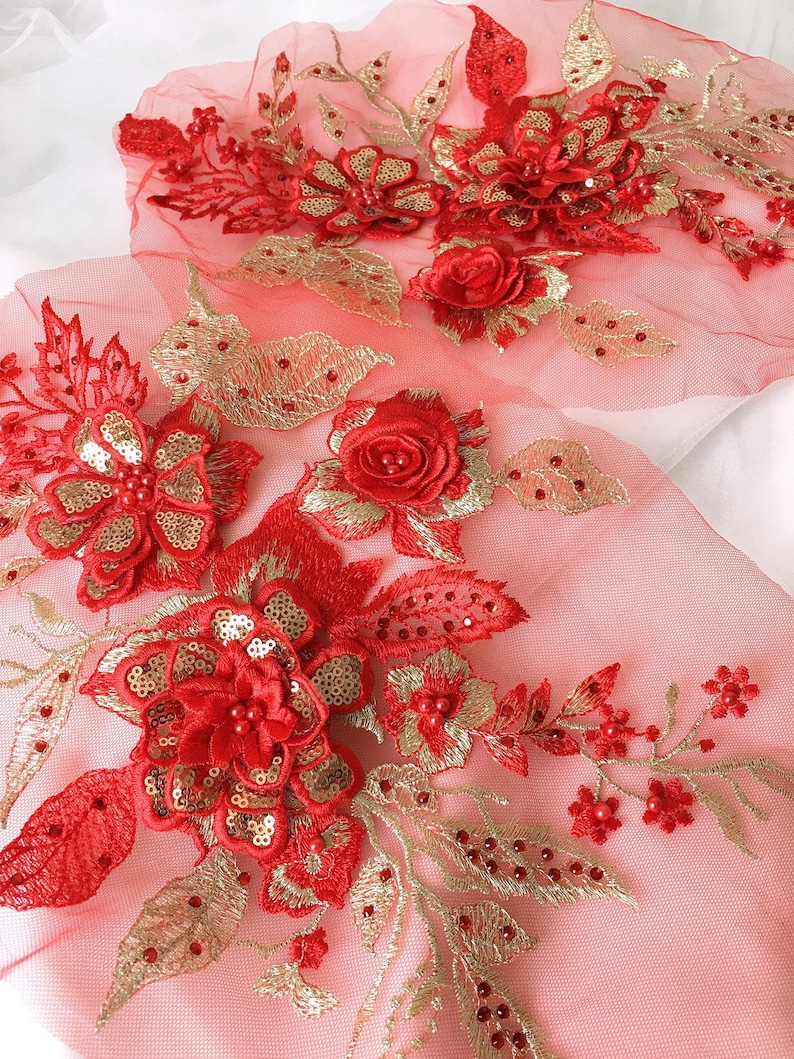 Dark Red Lace, Beaded Lace Applique, Rhinestone and Sequins Applique ...