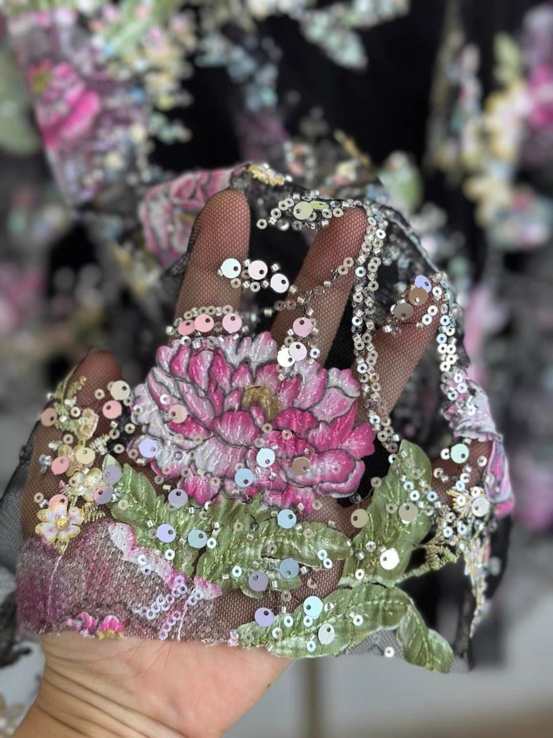 Embroidery Colorful Heavily Sequined Lotus Lace Fabric, Beaded Blossom ...