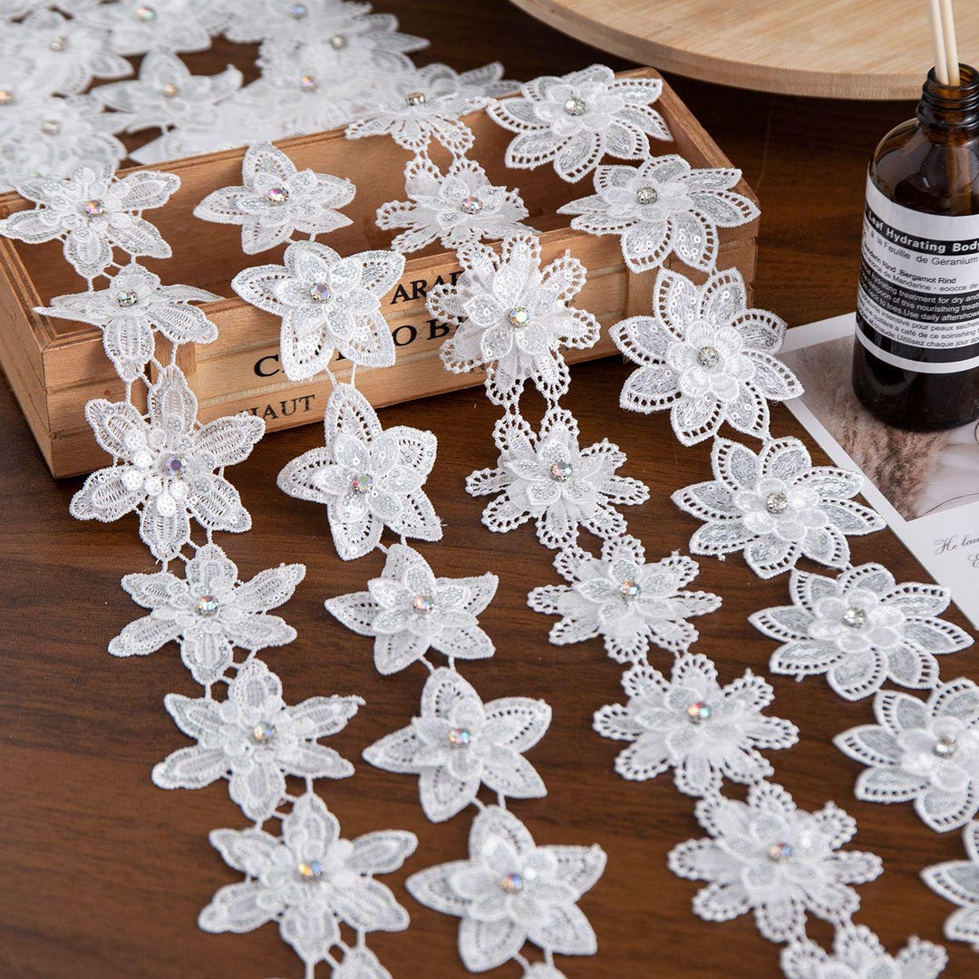 3D Embroidered Floral Lace Trim, Sparkle Rhinestones Sequins Eyelash ...