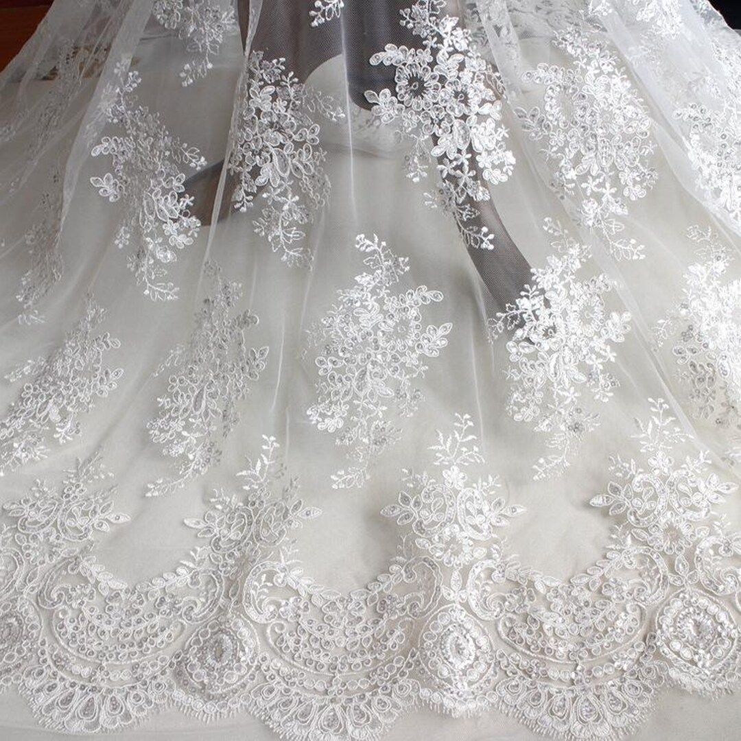 Graceful Flower Embroidered Chantilly Lace Fabric, Shimmering Sequins ...