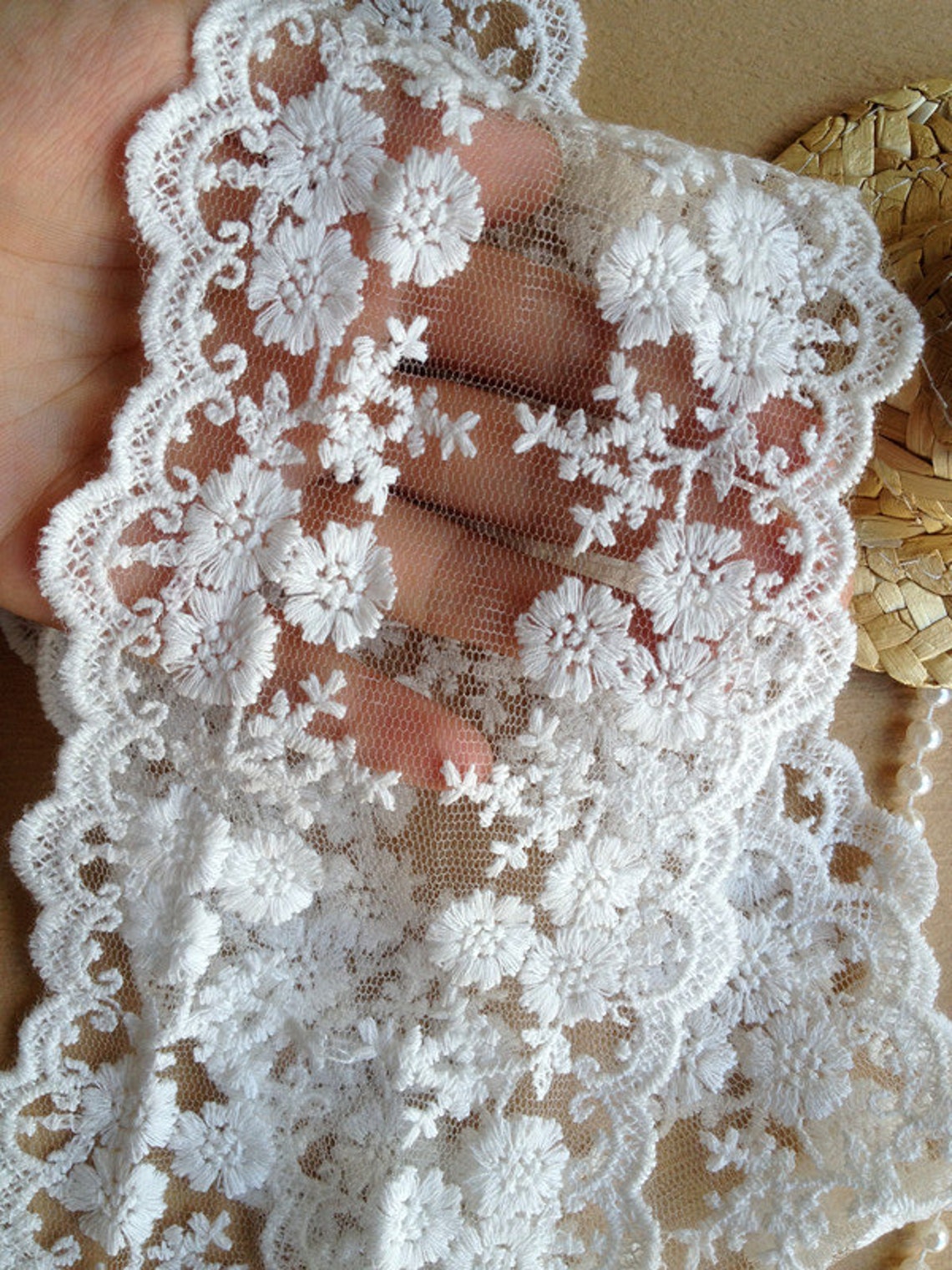 Off White Lace Trim Embroidery Lace Floral Lace Double - Etsy