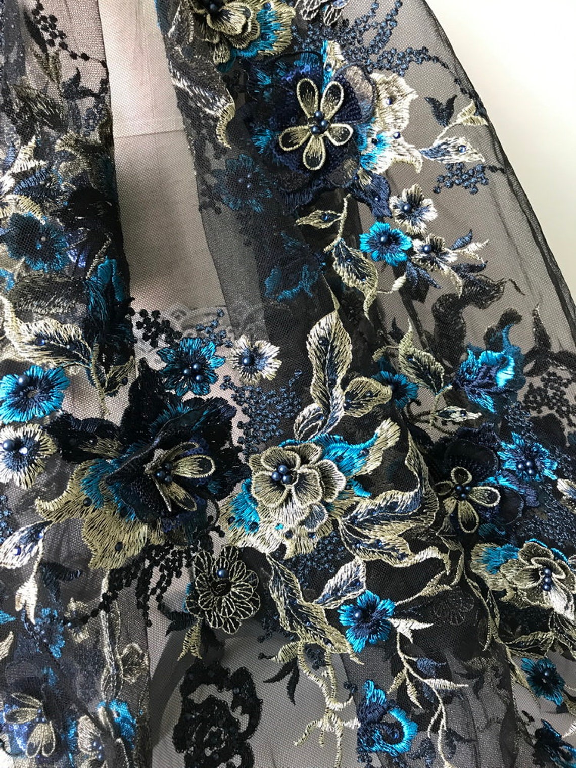 Multicolor lace fabric beaded flower applique 3d layers | Etsy