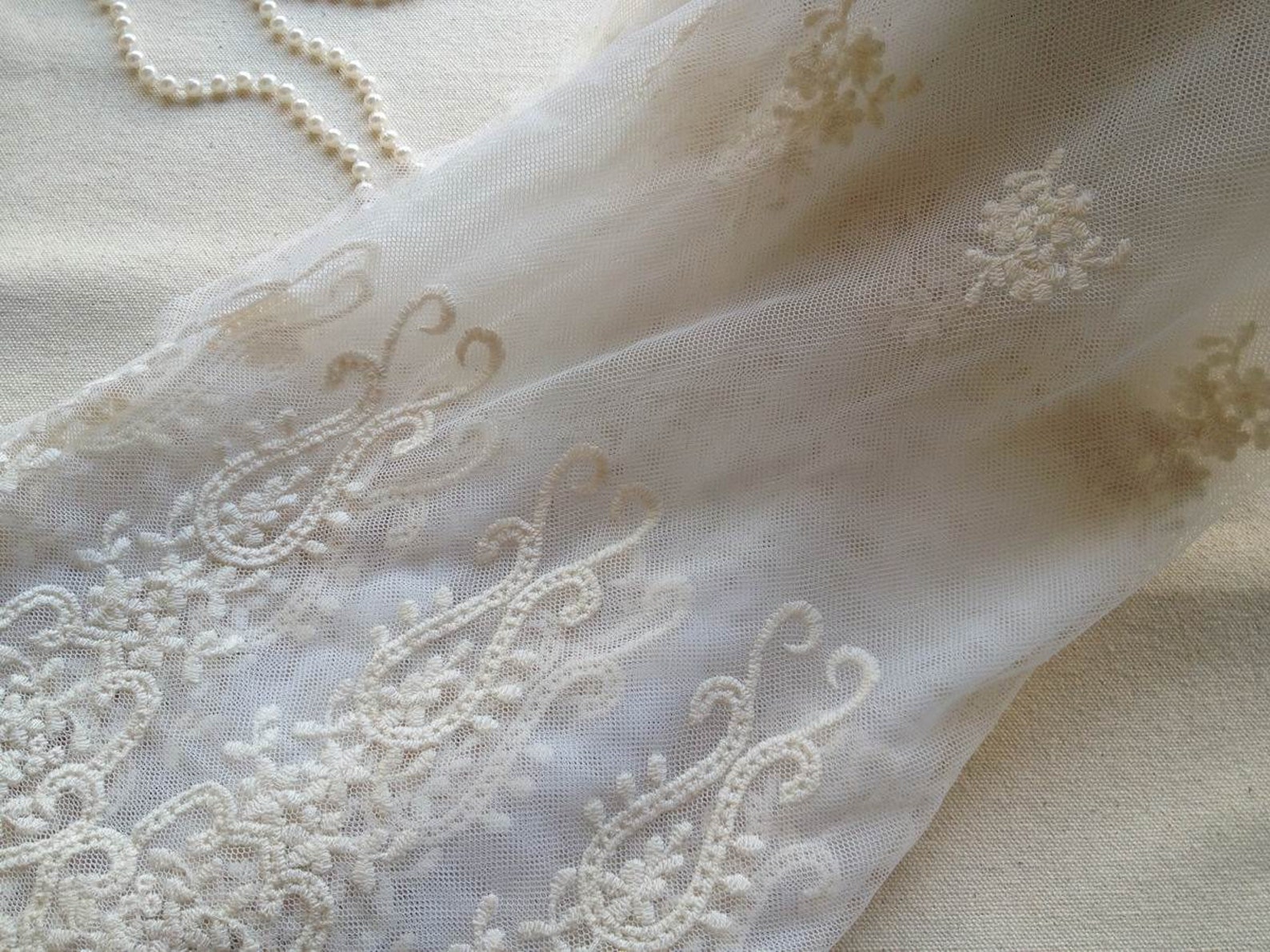 Cotton Embroidery Mesh Lace Fabric in Beige With Retro Design - Etsy