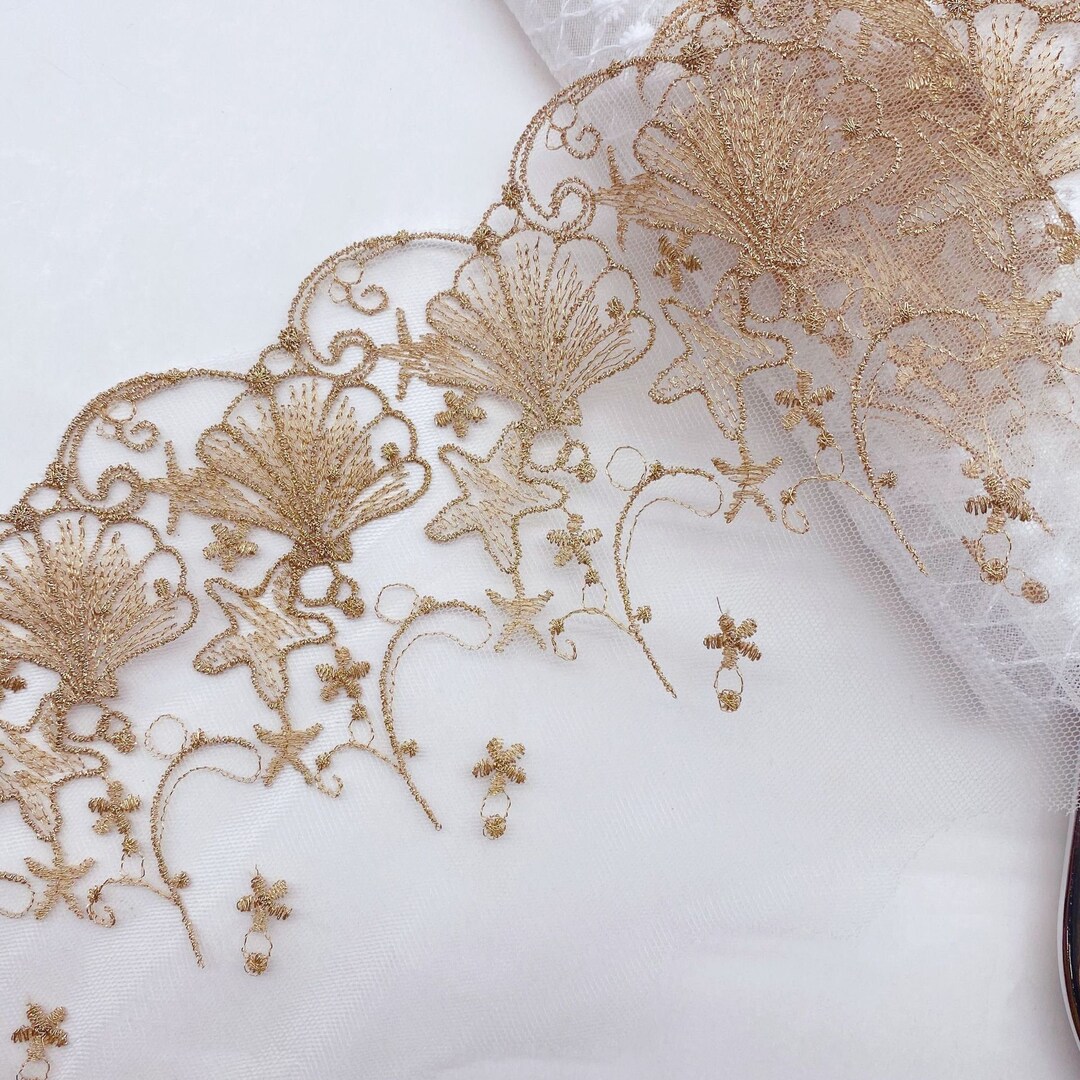 Vintage Gold Shell Starfish Embroidery Tulle Lace Trim, Gold Thread ...