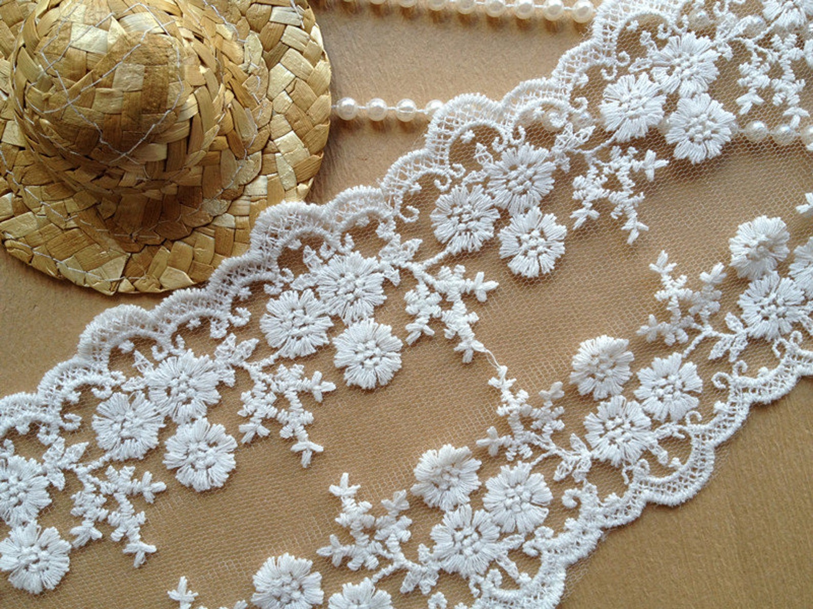 Borde de encaje blanco apagado encaje de bordado encaje | Etsy