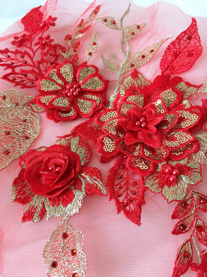 Dark Red Lace, Beaded Lace Applique, Rhinestone and Sequins Applique ...