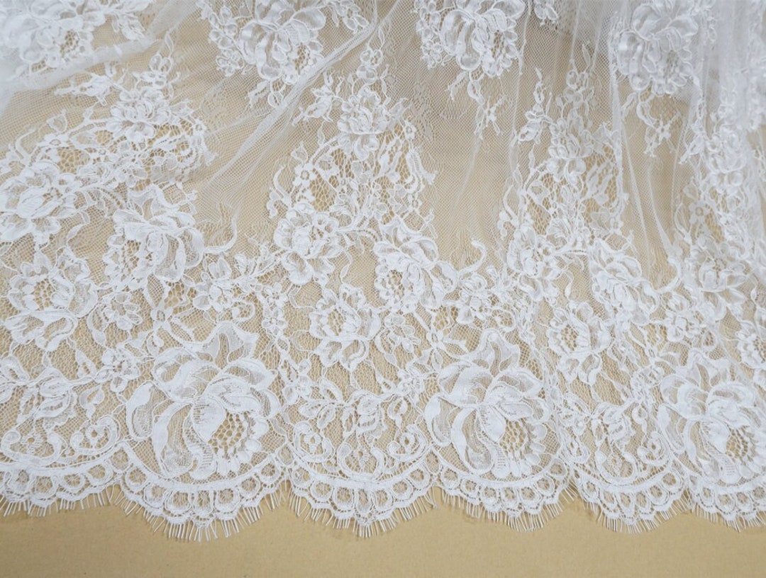 French Chantilly Lace, Ivory Rose Flower Trim Fabric, Corded Embroidery ...