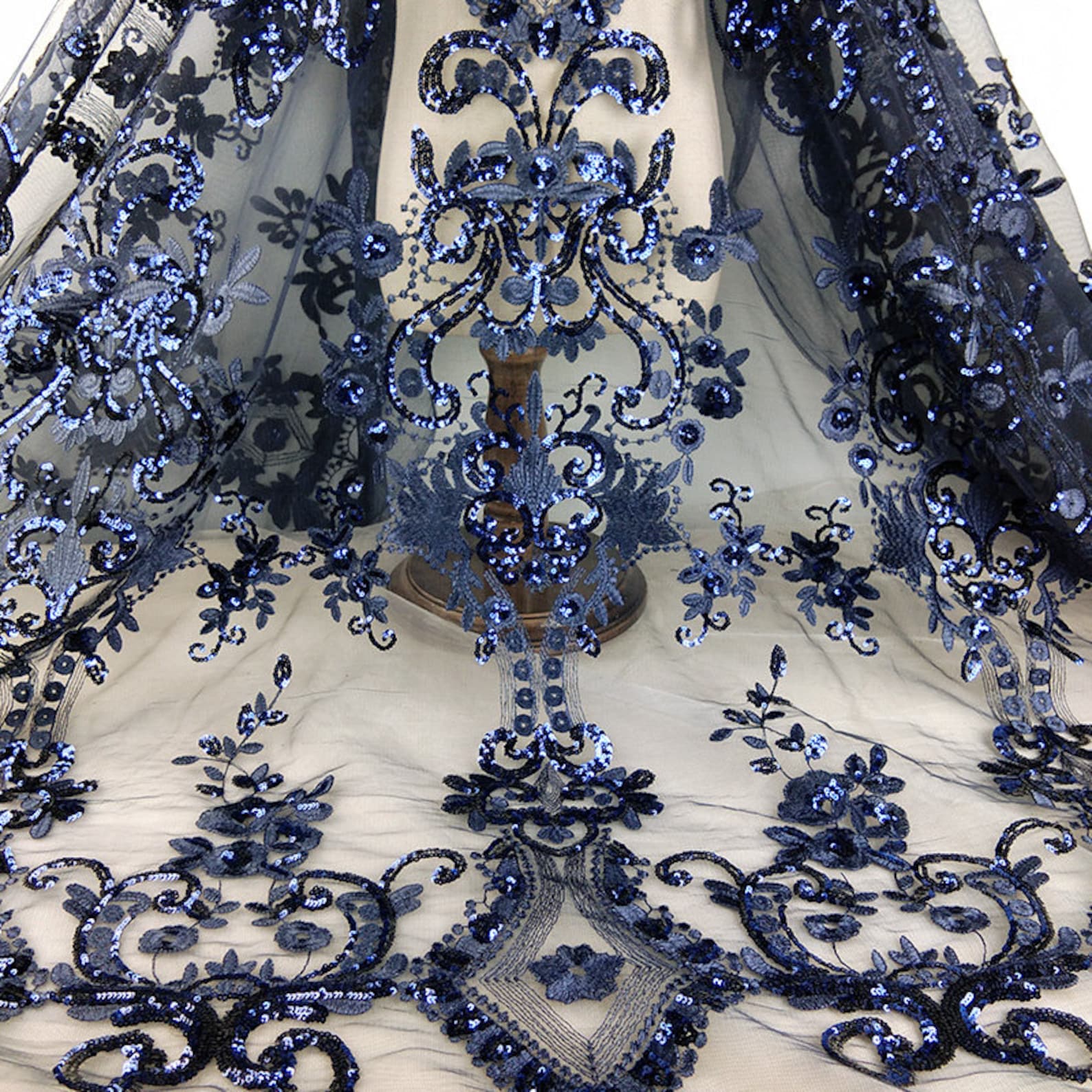 Navy Blue Sequins Beaded Lace Fabric High End Embroidery | Etsy