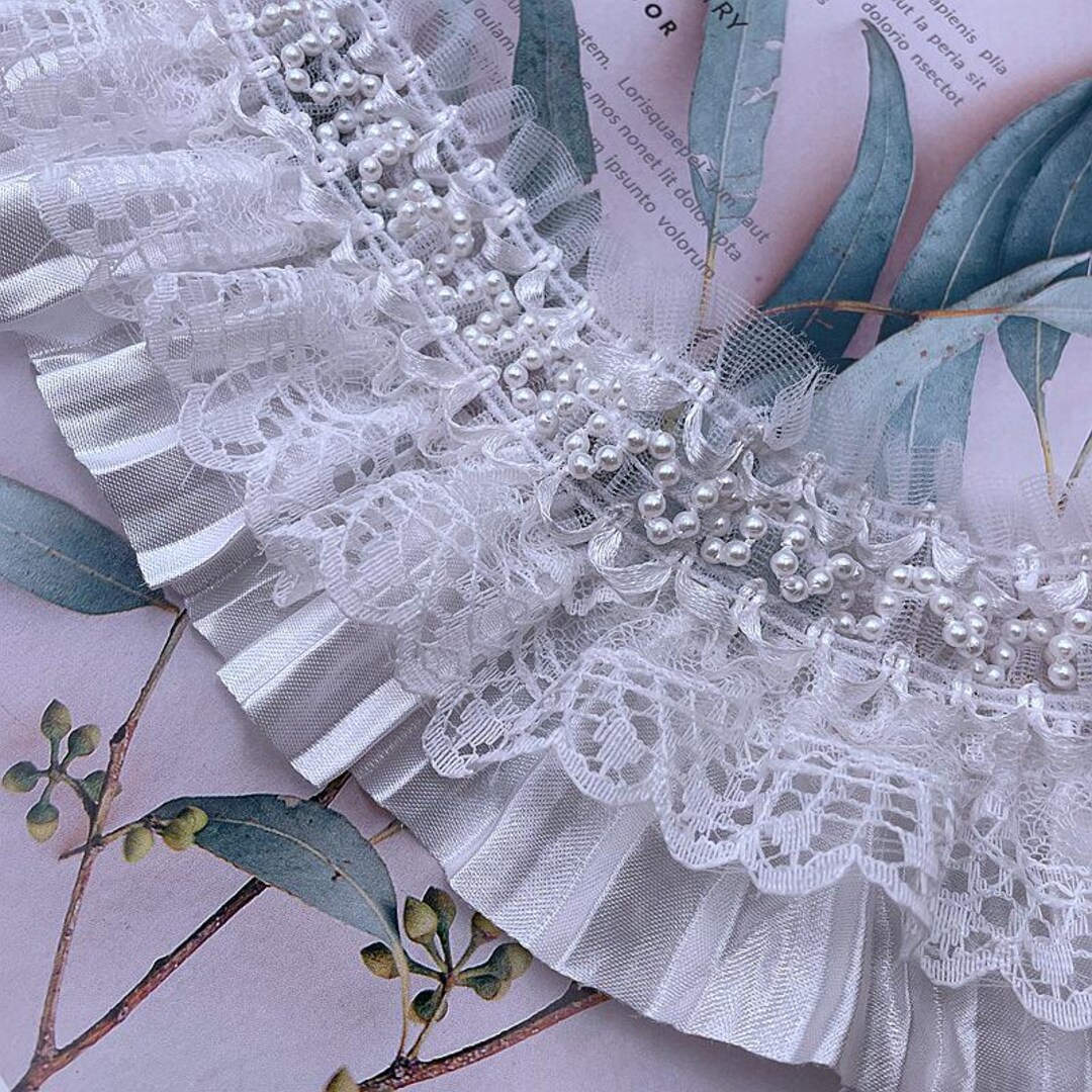 Double Layer Stretch Ruffle Lace Trim, Exquisite Faux Beads Hollow Lace ...