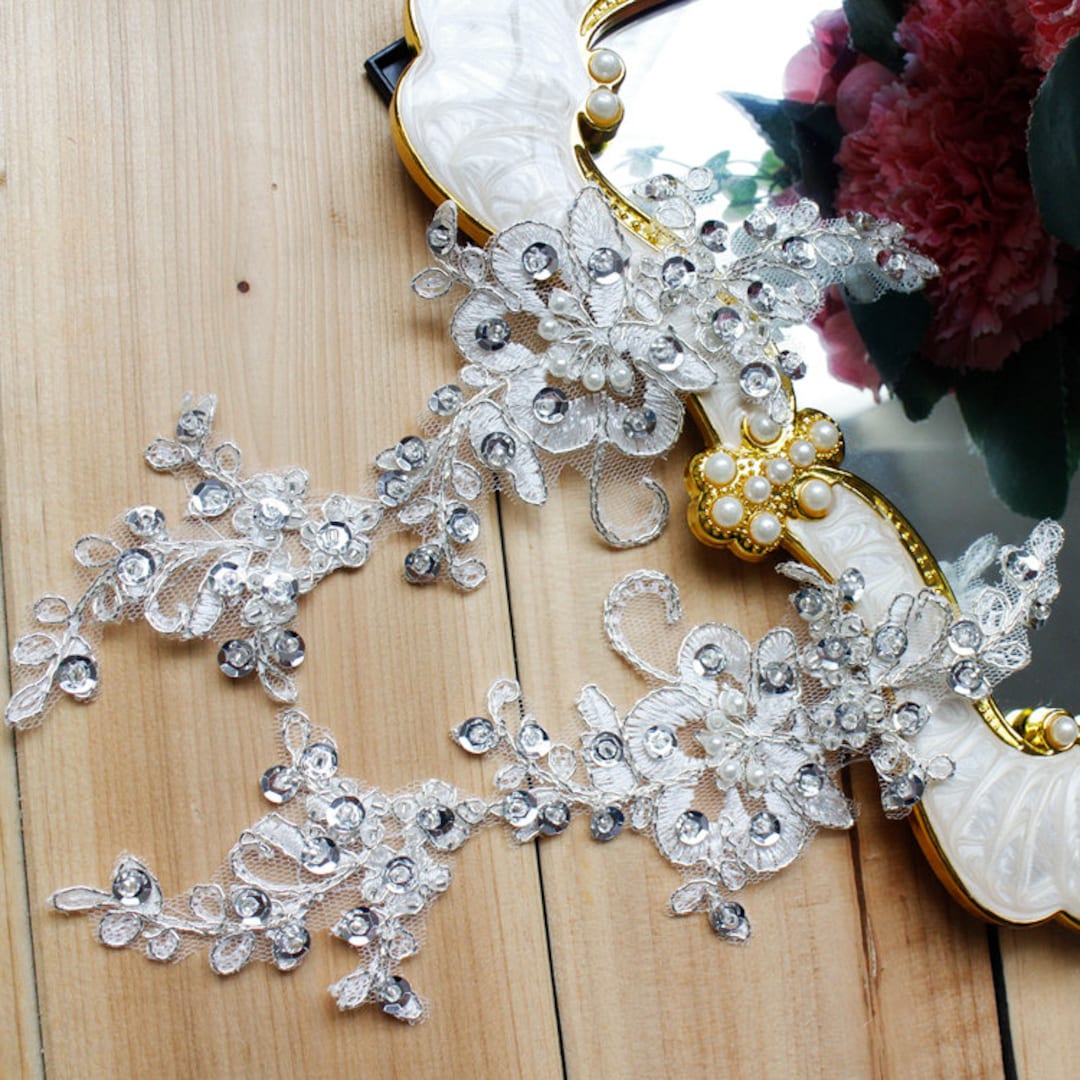 Bridal Beaded Lace Applique off White Alencon Silver Embroidered ...