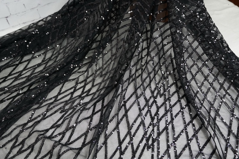 Black Luxury Sequined Embroidery Lace, Diamond Grid Netting, Draped ...