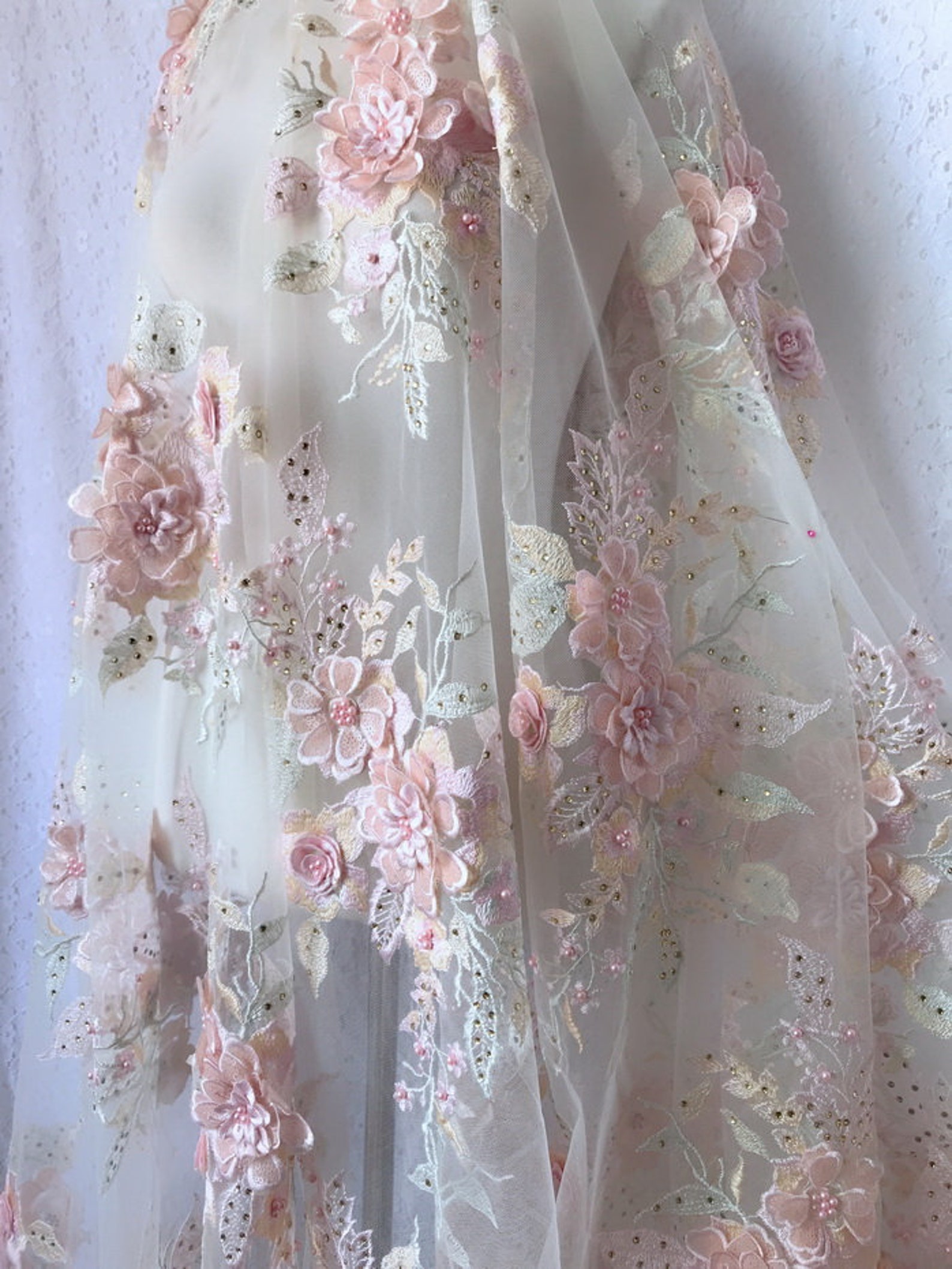 3D flower fabric Pastel flower lace dress fabric beaded | Etsy