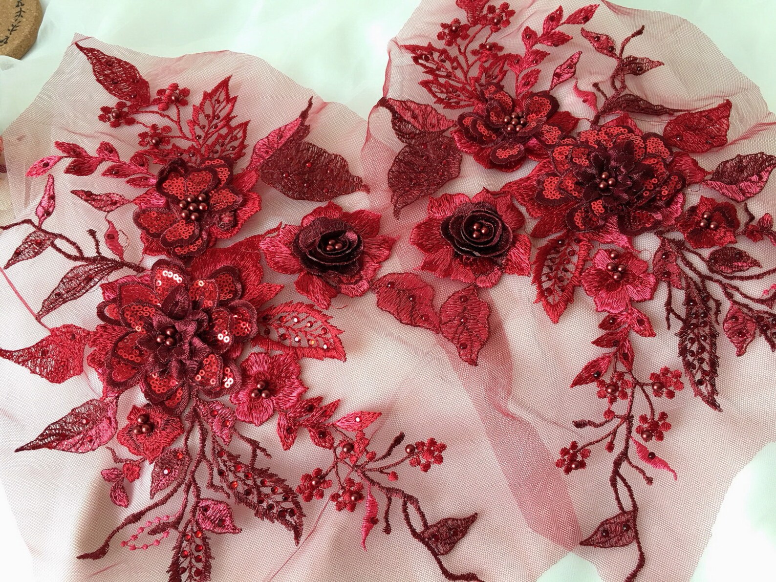 Dark Red Lace, Beaded Lace Applique, Rhinestone and Sequins Applique ...