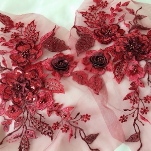 Dark Red Lace, Beaded Lace Applique, Rhinestone and Sequins Applique ...