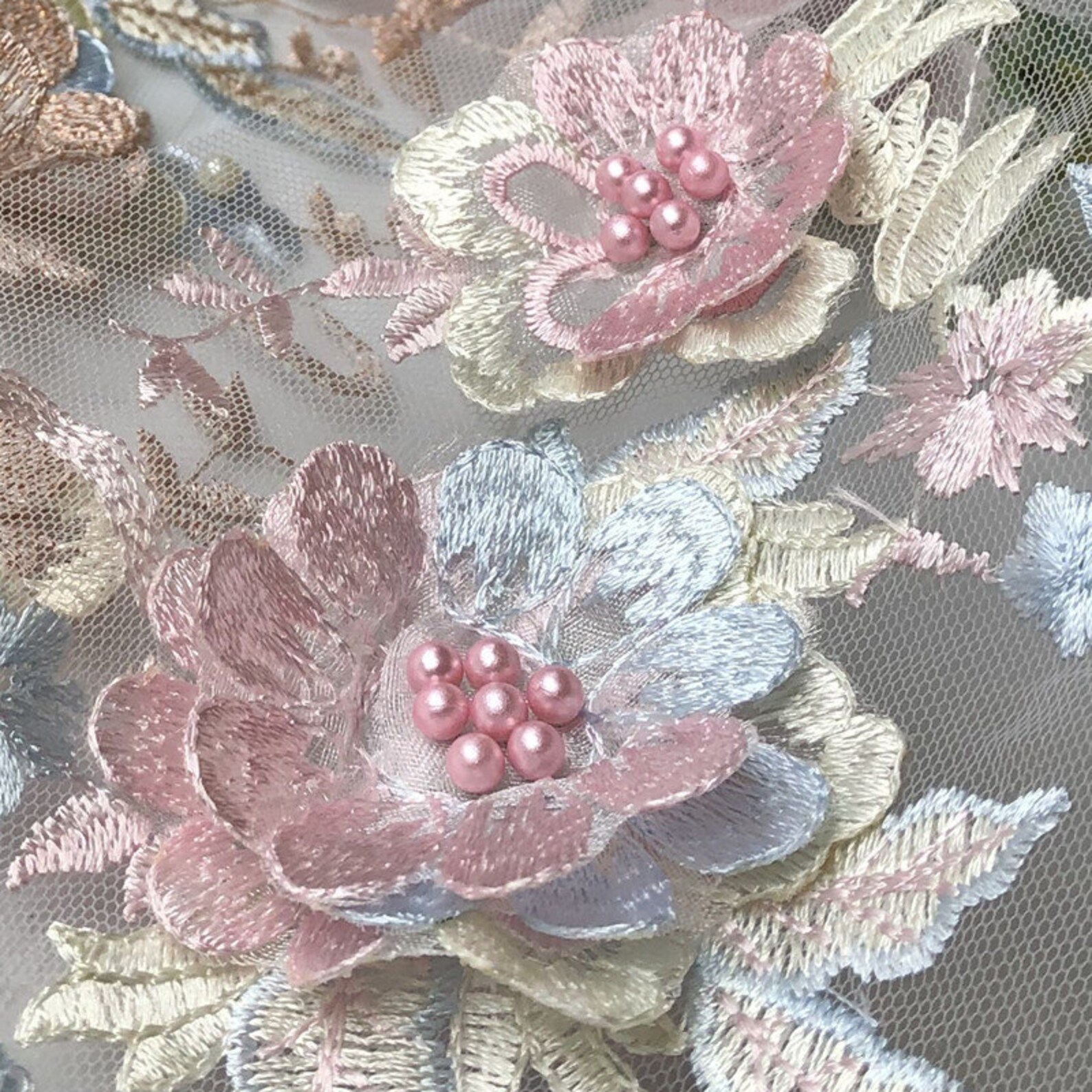 Chic 3D Floral Bodice Lace Applique, Pink + Blue Flowers Patch, Pearls ...