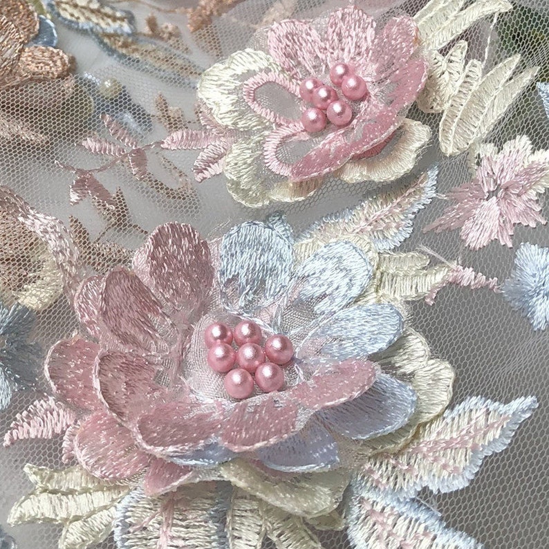 Chic 3D Floral Bodice Lace Applique, Pink + Blue Flowers Patch, Pearls ...