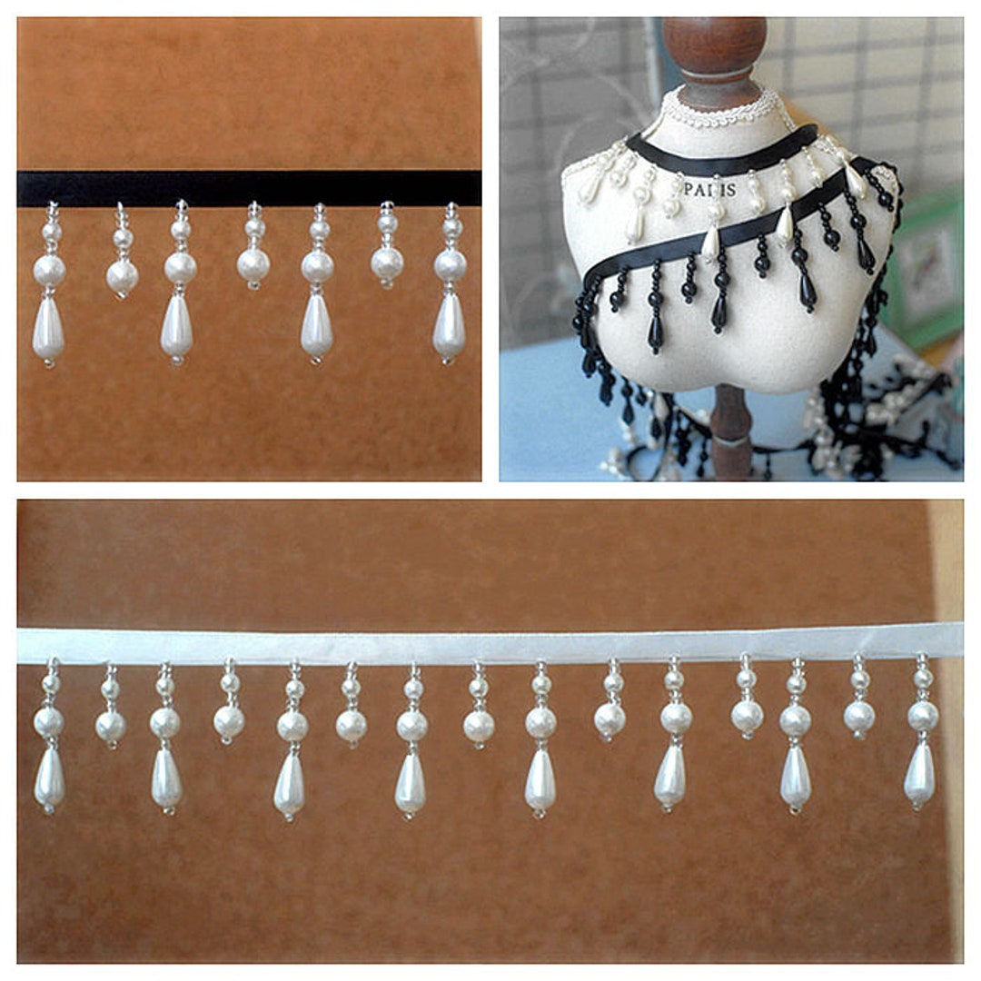 Dangling Wave Pattern Ivory Teardrop Pearls Beaded Trim, Tassel Trim ...