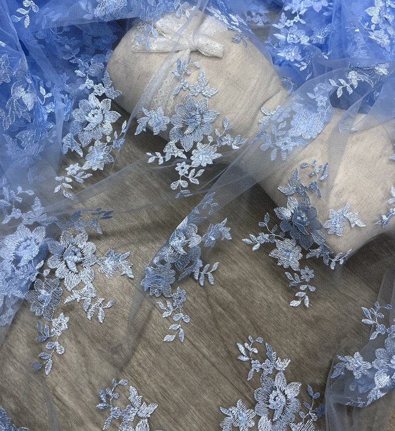 Light Blue Wedding Lace Fabric Sky Blue Flroal Embroidery - Etsy