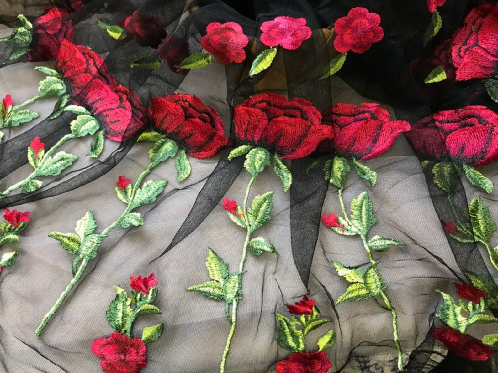 Red Rose Embroidery Applique Fabric off White Tulle Symmetry - Etsy