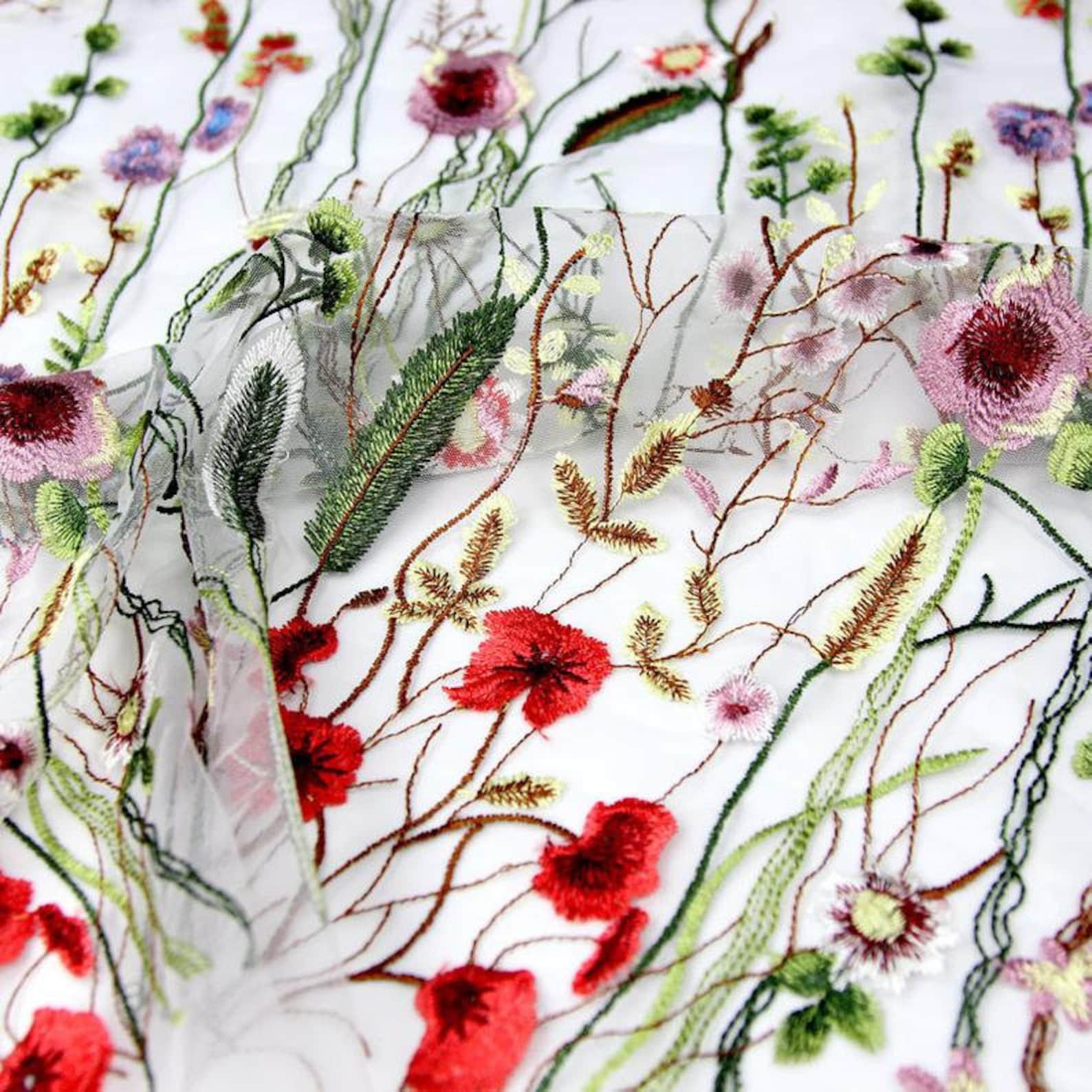 Ivory Embroidered Tulle Lace Fabric Multi Color Embroidered | Etsy