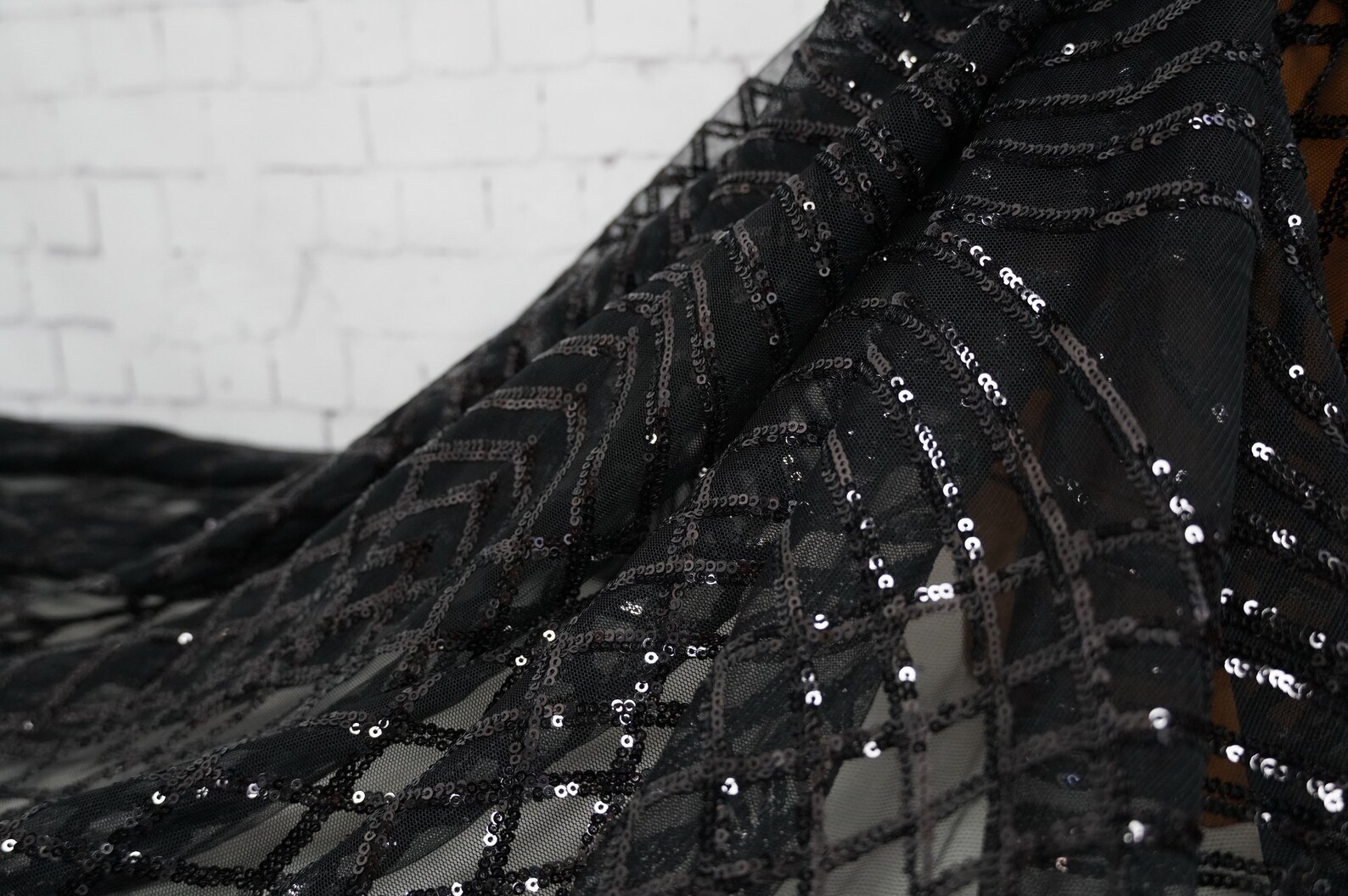 Black Luxury Sequined Embroidery Lace, Diamond Grid Netting, Draped ...