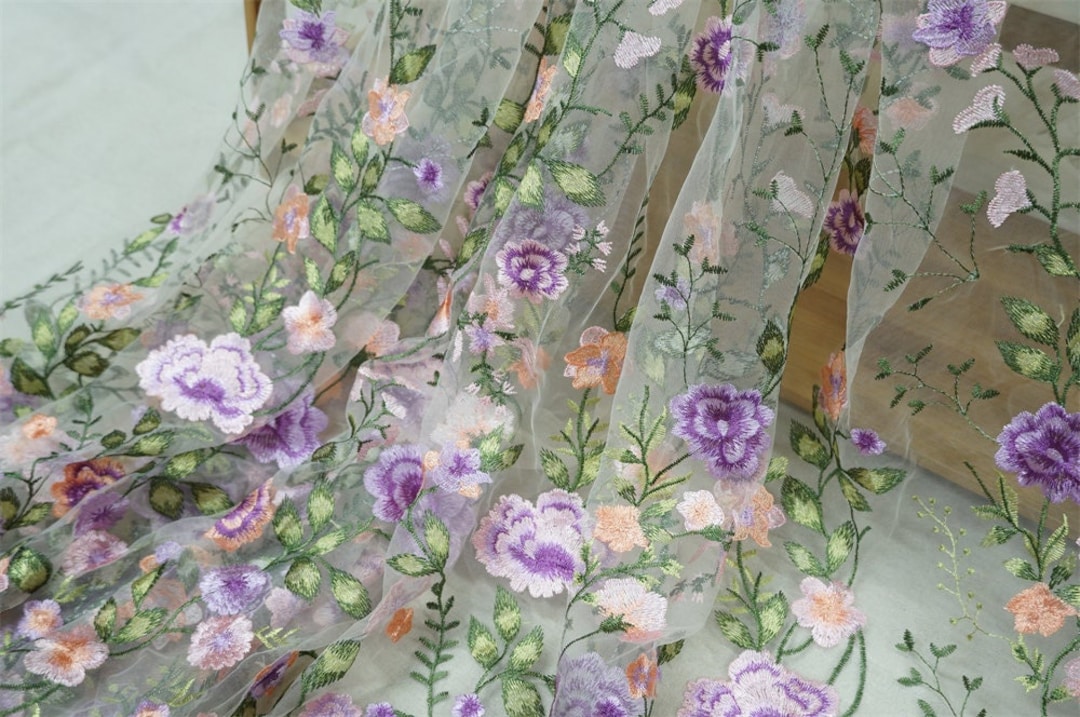 Multi-colors Purple Flowers Embroidery Overlay Tulle Lace Fabric in ...