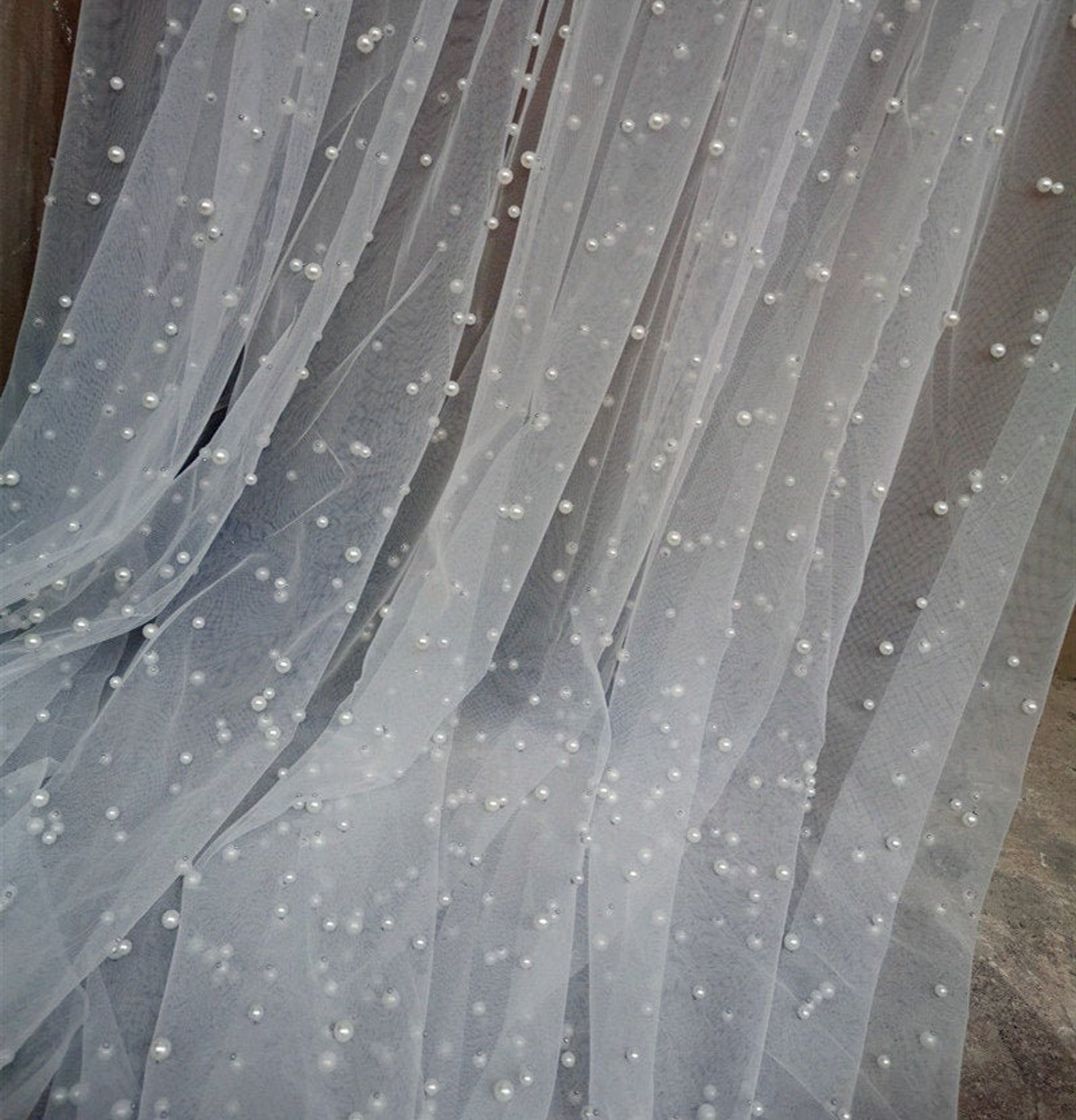 Super Wide 3 Meters Nylon Tulle, Big & Small Pearls Beaded Tulle Lace ...