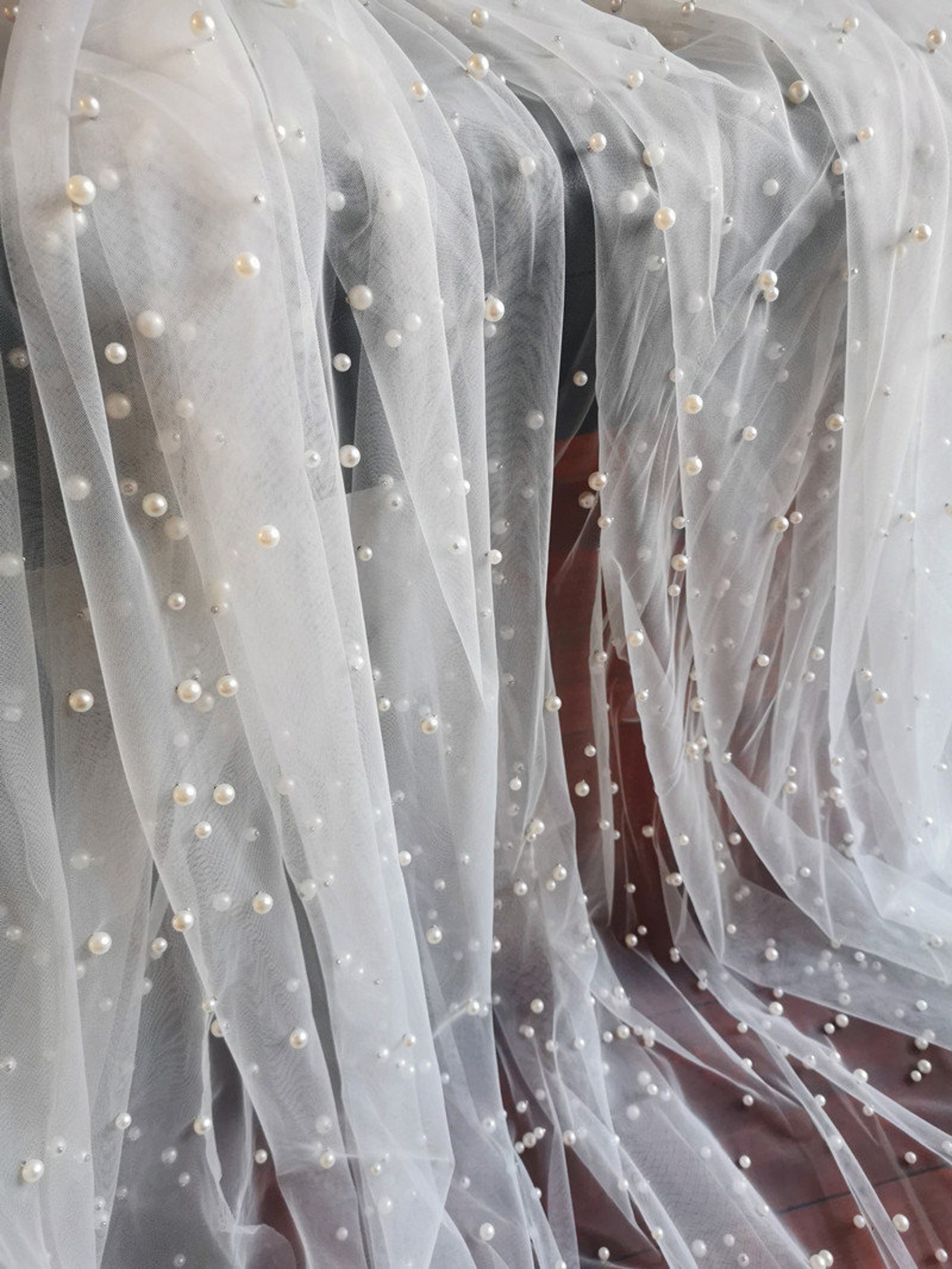 Super Wide 3 Meters Nylon Tulle, Big & Small Pearls Beaded Tulle Lace ...