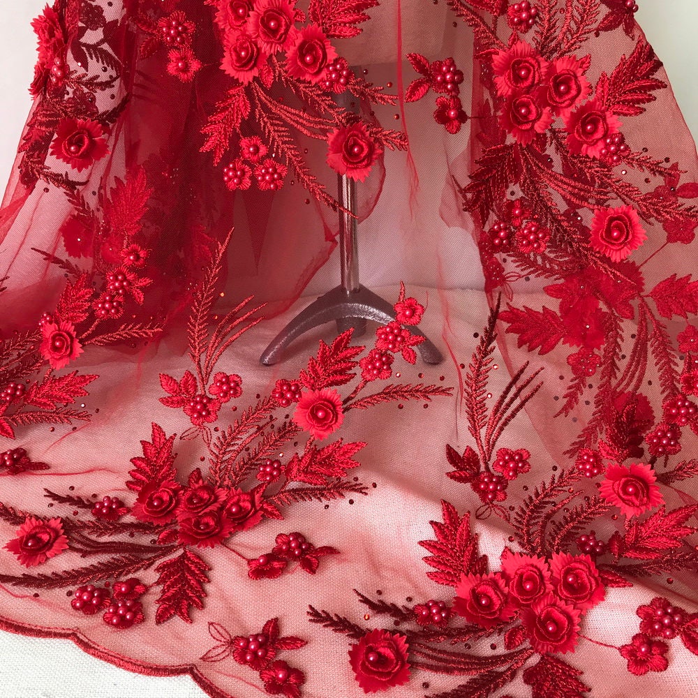 Red 3D Flower Lace Appliques Pearls Beaded Applique Fabric - Etsy