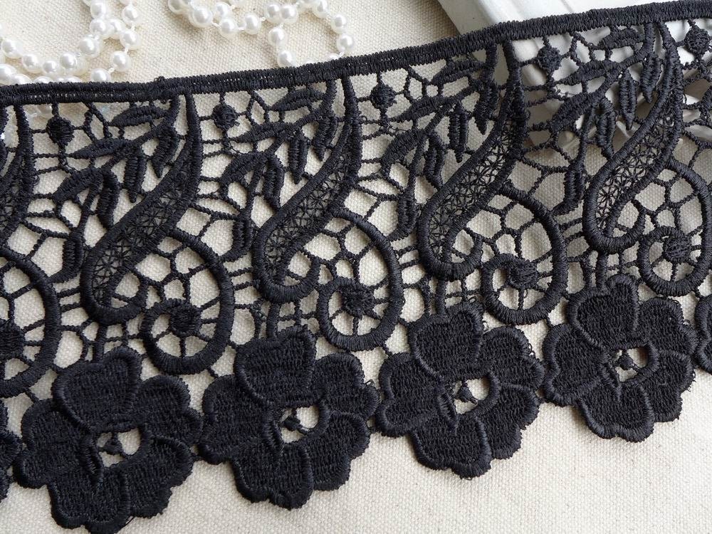Black Venise Lace Trim, Flower Trim, Guipure Lace, Black Lace Fabric ...