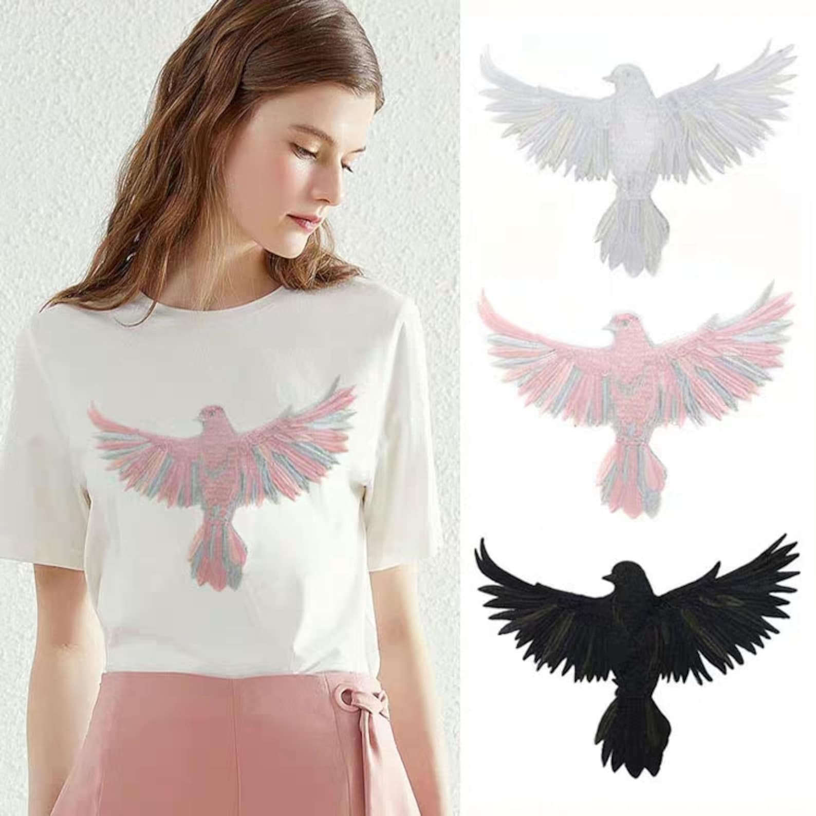 11'' Large Dove Patch in White / Pink / Black, Huge Flying Bird Patch ...