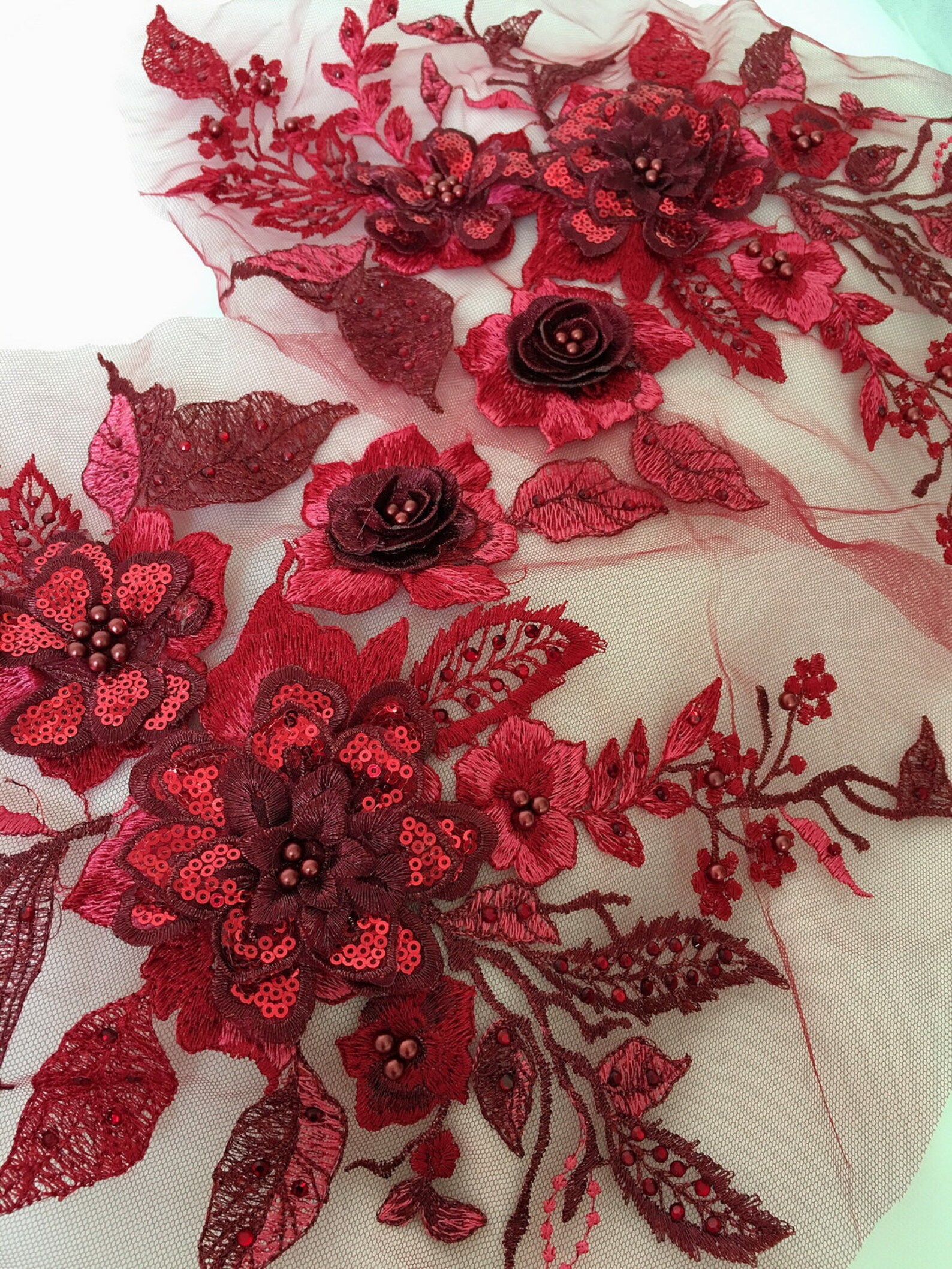 Dark Red Lace, Beaded Lace Applique, Rhinestone and Sequins Applique ...
