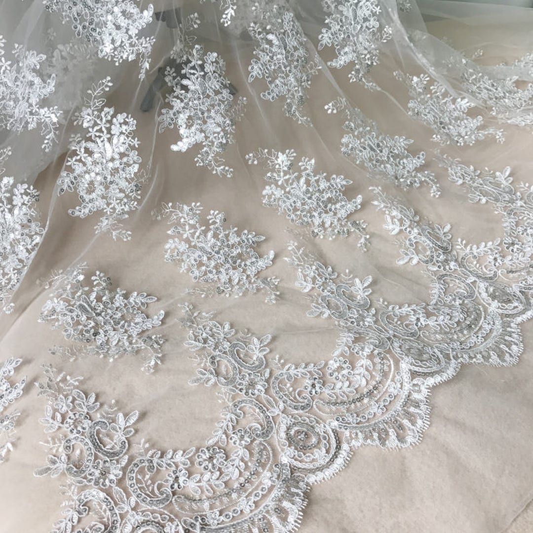 Ivory Embroidered Netting Fabrics, Alencon Sequined Lace, Floral ...