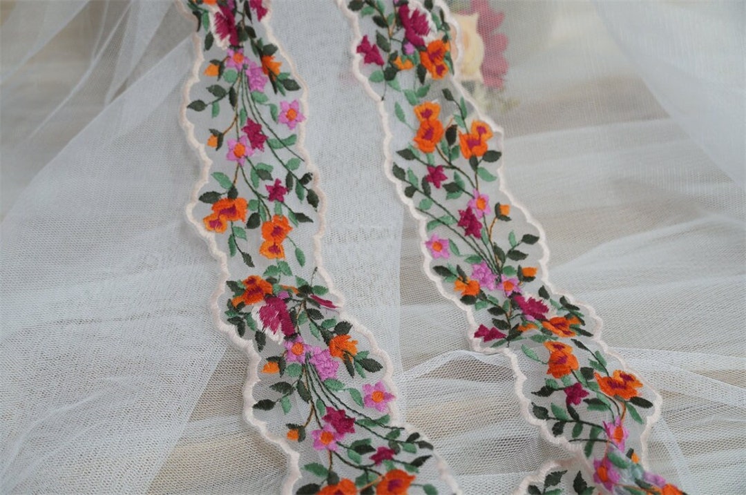 Embroidered Colorful Vine Patch Floral Tulle Lace Trim in off White ...