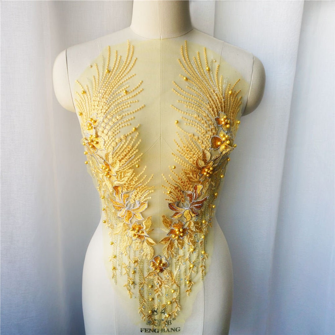Yellow Bodice Applique, Heavily Embroidery Lace Applique, Jewelry Dress ...