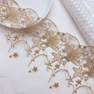 Vintage Gold Shell Starfish Embroidery Tulle Lace Trim, Gold Thread ...