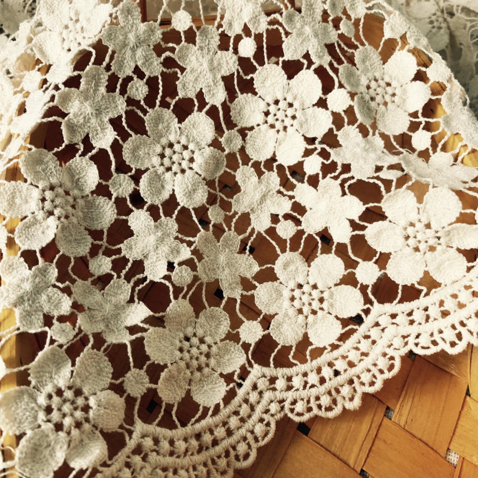Vintage Style Cotton Fabric, Scalloped Trim Fabric, Beige Crochet Lace ...