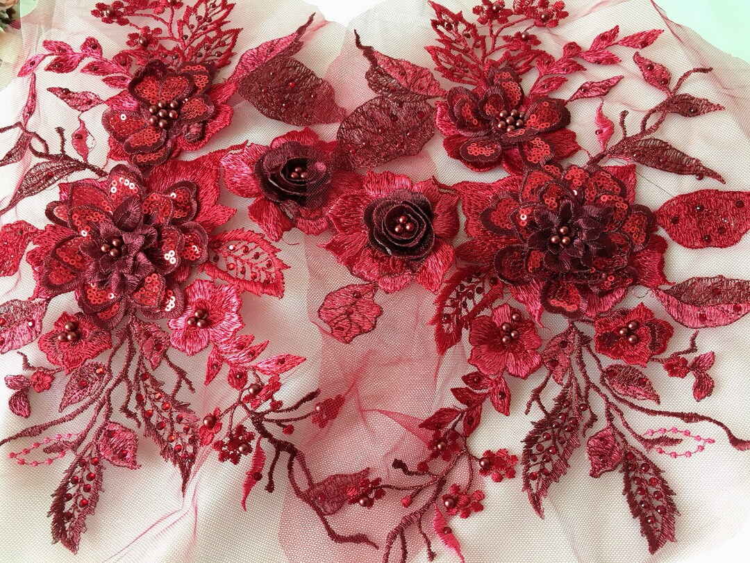 Dark Red Lace, Beaded Lace Applique, Rhinestone and Sequins Applique ...