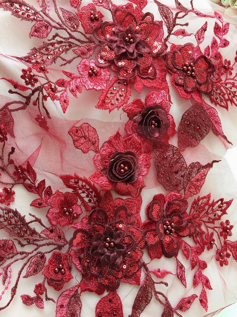Dark Red Lace, Beaded Lace Applique, Rhinestone and Sequins Applique ...