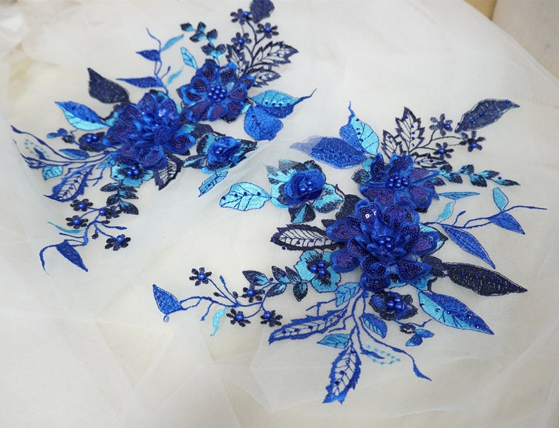 Royal Blue Applique Beaded Lace Applique 3D Bridal Lace | Etsy