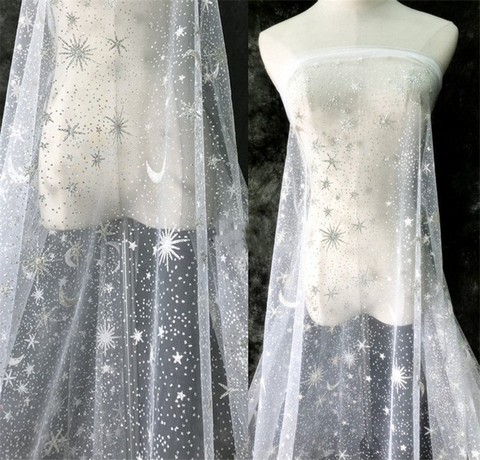 Sparkle Glitter Stars Moons Tulle Fabric, Galaxy Shinny Lace for Party ...