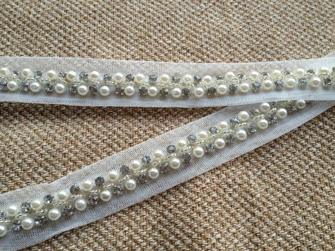 Beaded Trim, Ivory Pearl and Rhinestone Lace, Luxury Lace Chain, Bridal ...