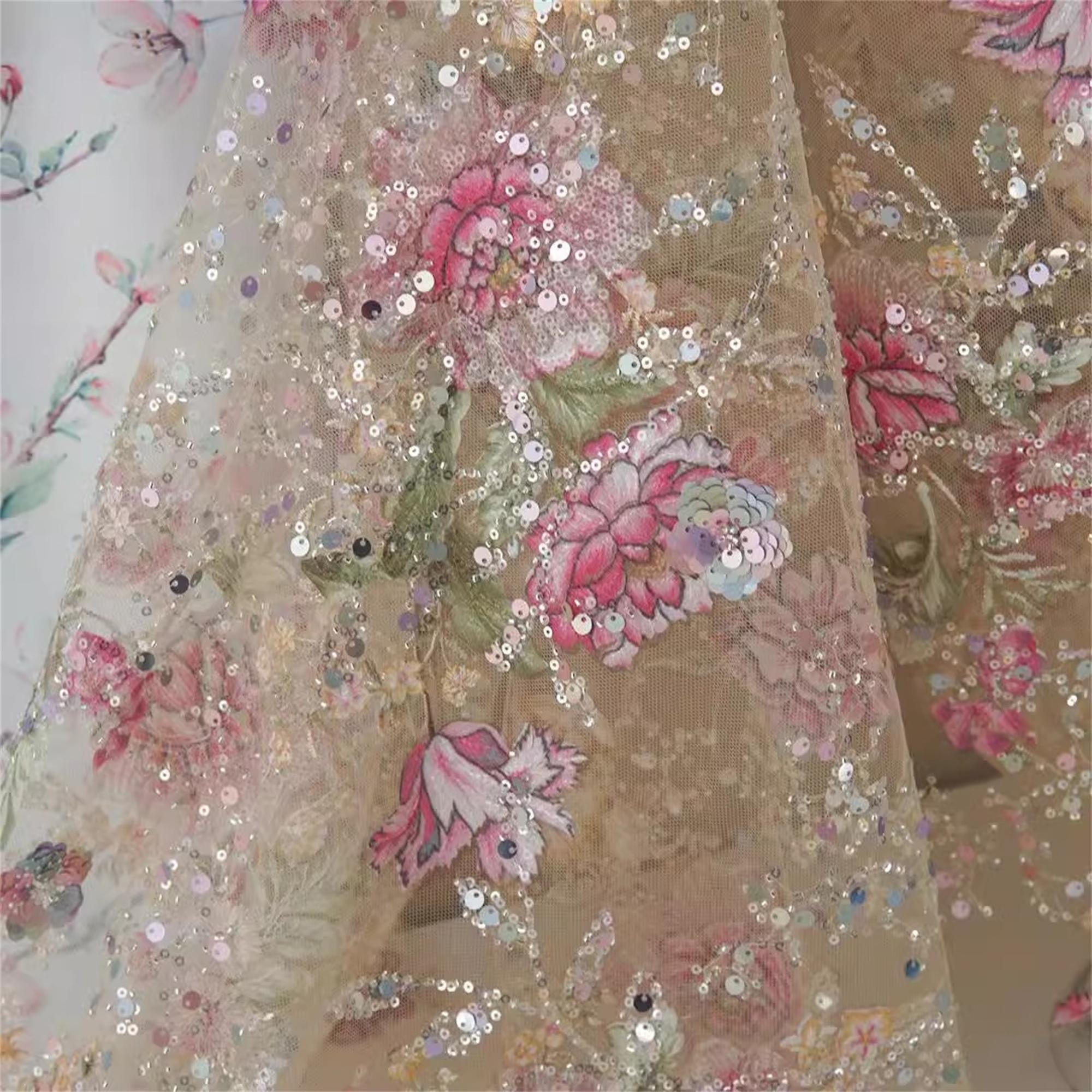 Embroidery Pink Lotus Lace Fabric, Sequins Beaded Applique Flower for ...