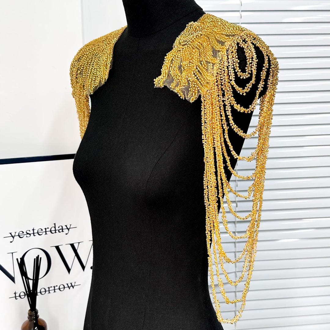 Dangling Gold Beads Fringe Lace Applique, Tassel Embroidery Bodice ...