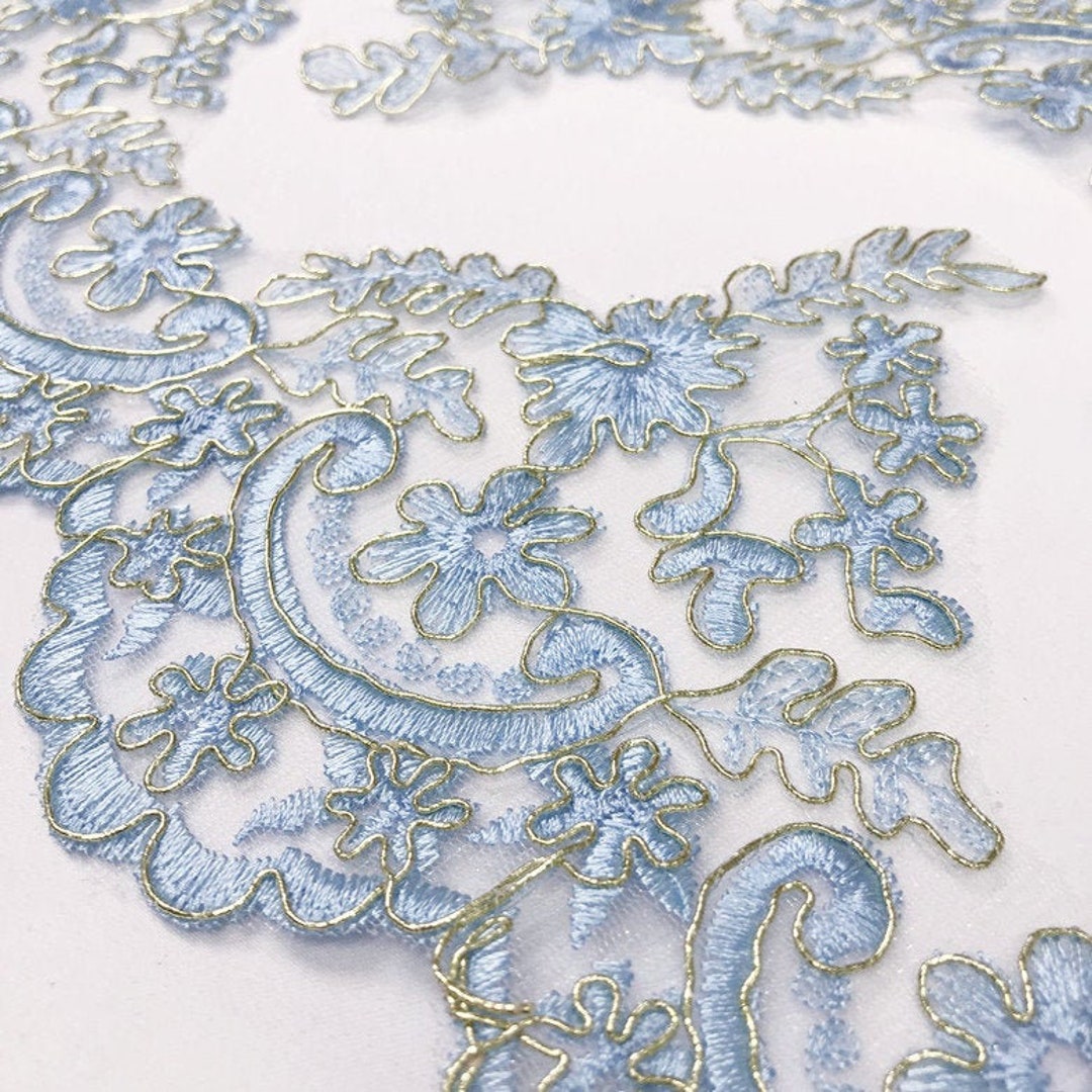 Light Blue Alencon Embroidery Gold Corded Lace Trim for Bridal Lace ...