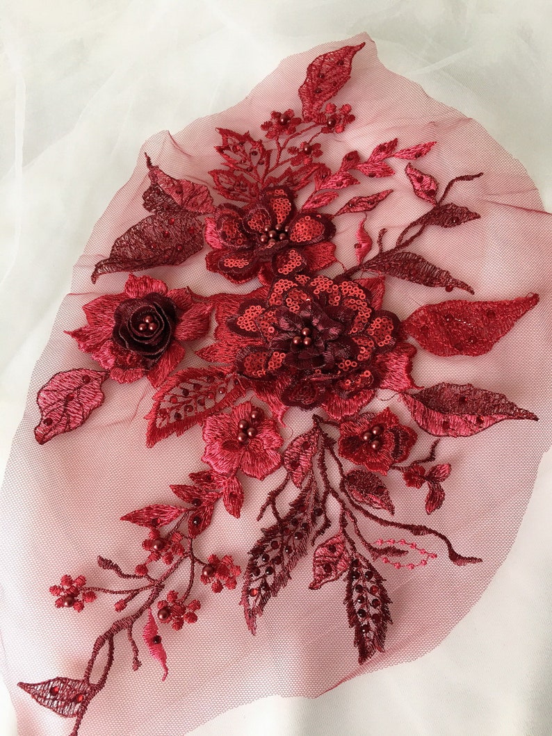 Dark Red Lace, Beaded Lace Applique, Rhinestone and Sequins Applique ...
