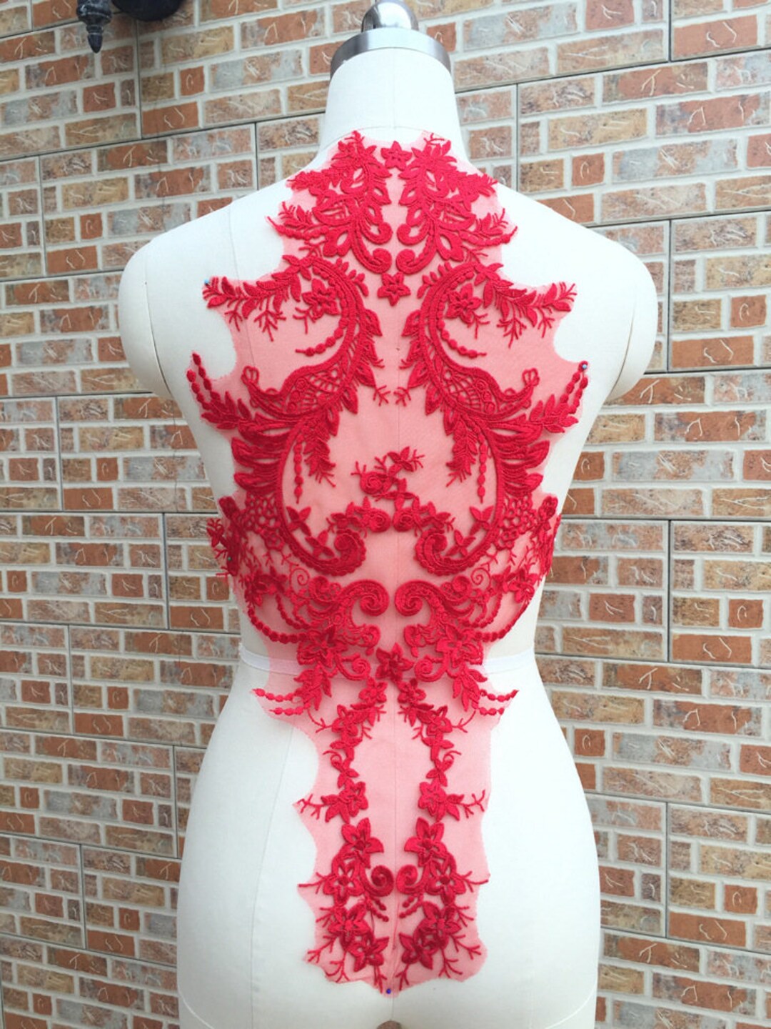 RED Applique, Large Lace Applique, Back Applique Trim, Red Venice Lace ...